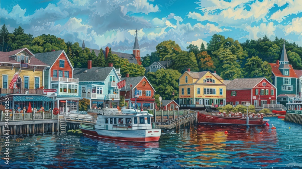 Show a ferry docking at a quaint seaside village, with colorful ...