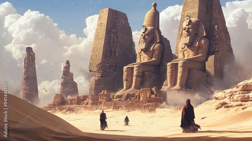 The image features an expansive desert landscape dominated by colossal ...