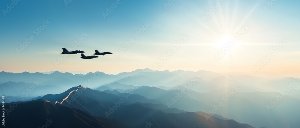 Air force jets flying over the Great Wall, blue skies, national defense ...