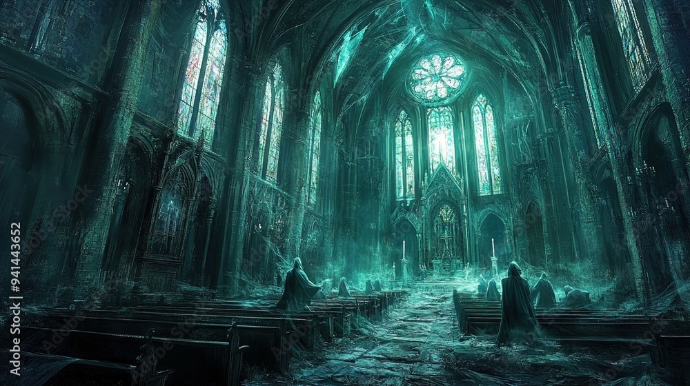 The scene depicts an eerie, abandoned Gothic cathedral shrouded in a ...