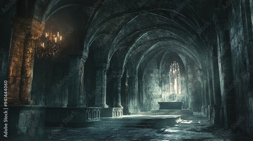 The image depicts the interior of a dimly lit, ancient cathedral or ...