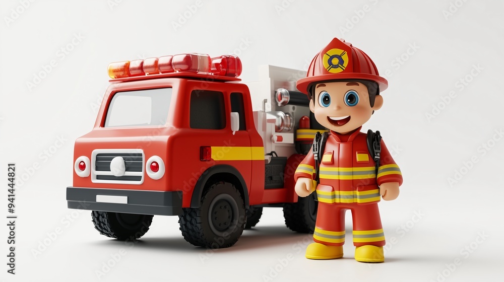 A cheerful cartoon-style firefighter stands proudly next to his bright ...