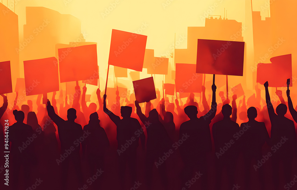 Peaceful protest and revolution. Silhouette of riot protesting crowd ...