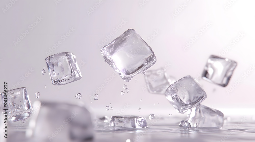 CG Floating Ice Cubes: Perfectly clear CG ice cubes hovering above a white background, with ...