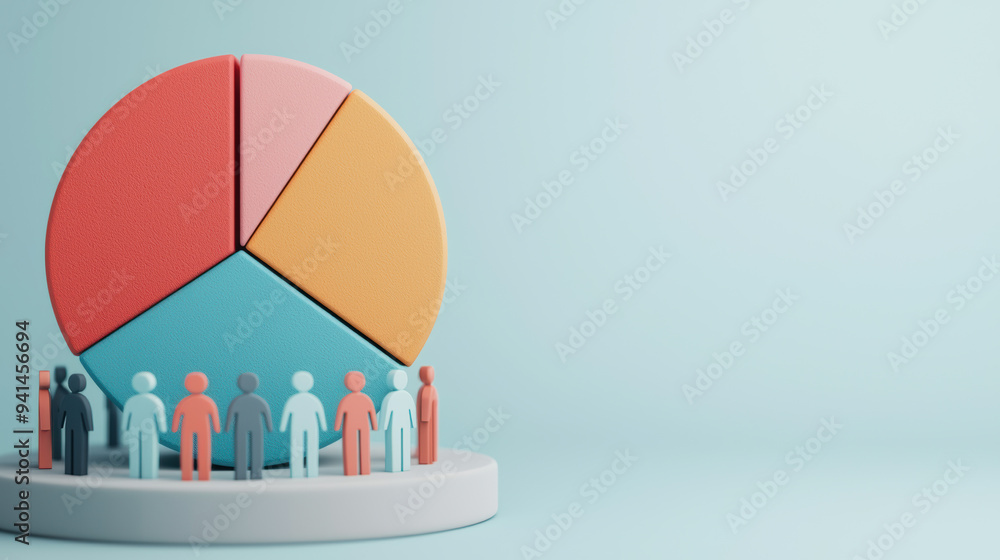 3D illustration of diverse figures standing around a pie chart ...