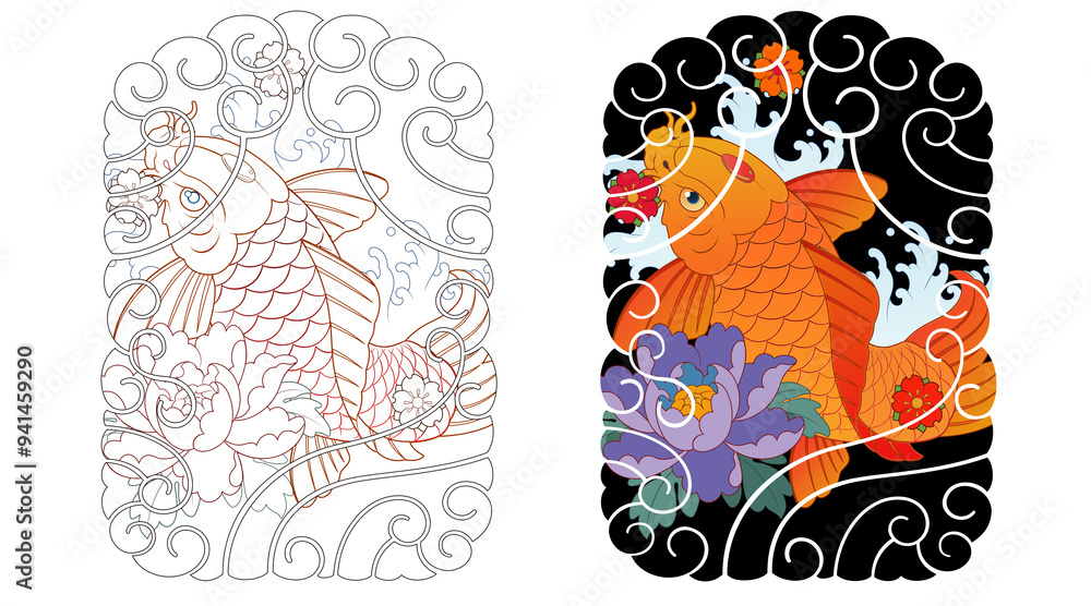 Carp tattoo design, Japanese irezumi koi fish style, oriental painting ...