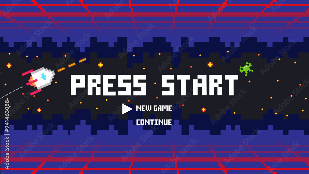 PRESS START INSERT ,NEW GAME,CONTINUE .pixel art .8 bit game.retro game ...