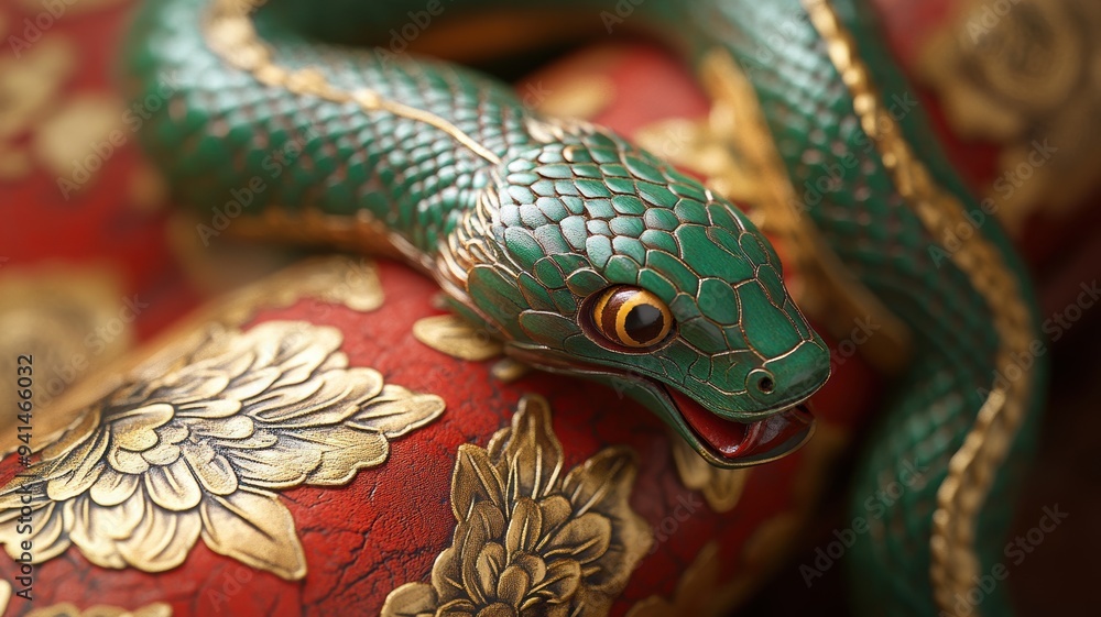 Artistic green wooden snake with detailed scales, embodying the symbol ...