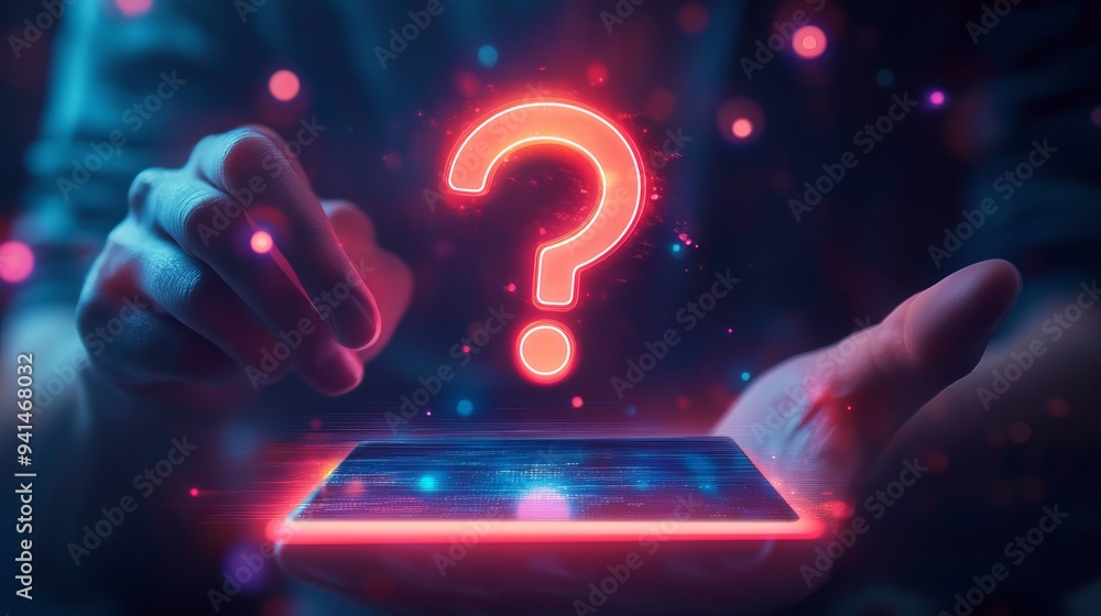 Man finger clicks on the question mark icon. Plus symbol for web design ...