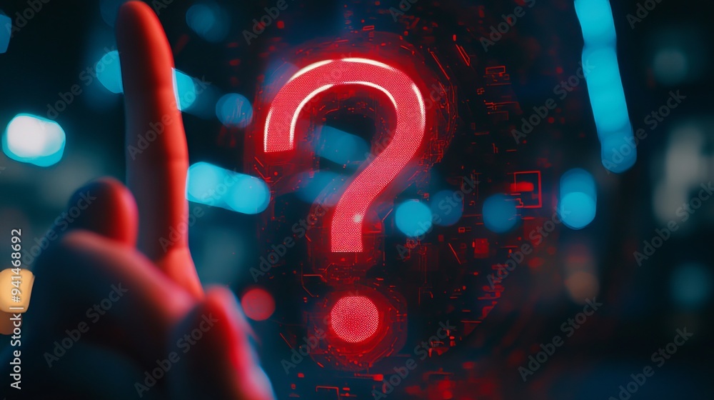 Man finger clicks on the question mark icon. Plus symbol for web design ...