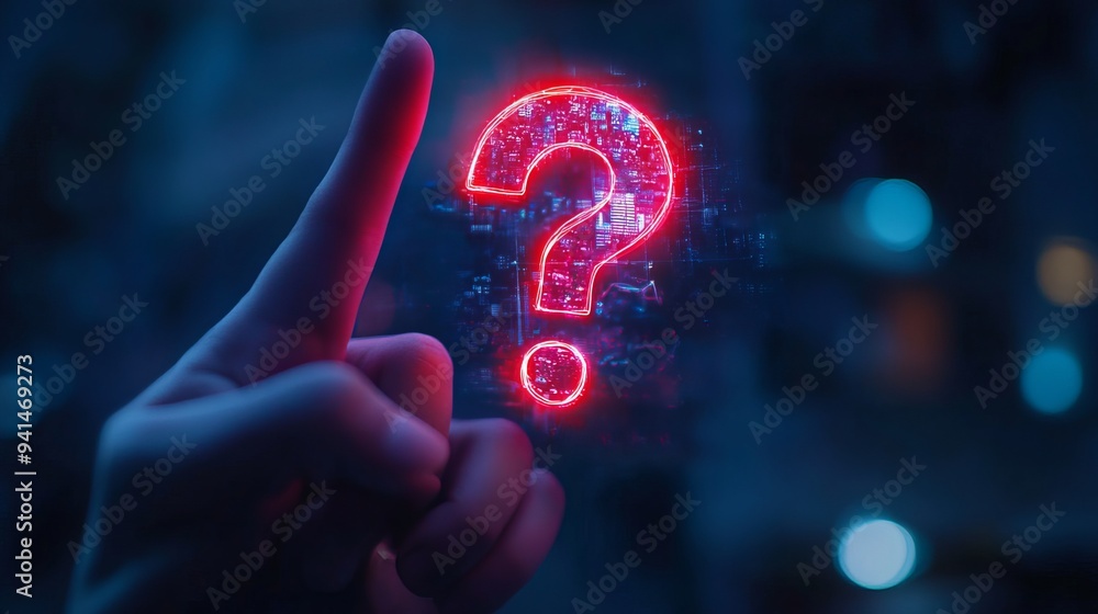 Foto de Man finger clicks on the question mark icon. Plus symbol for ...