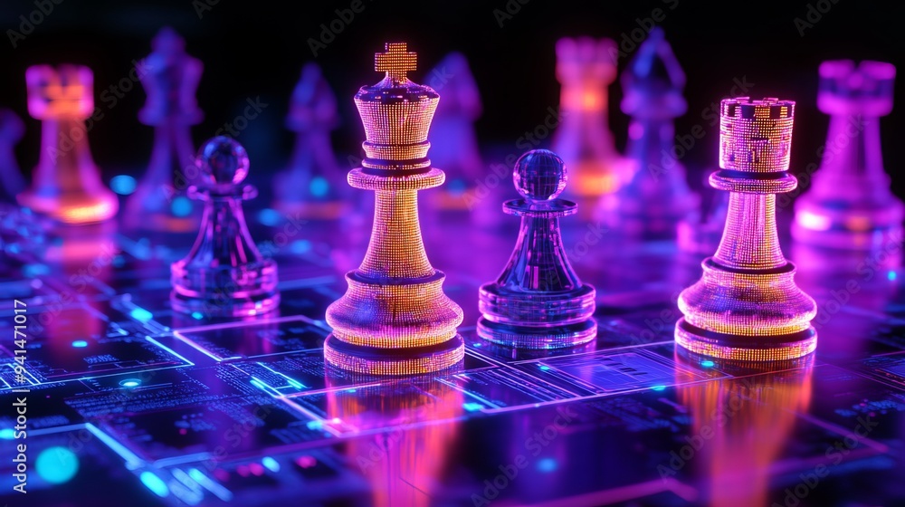 Neon chess pieces illuminate a circuit board, their binary code ...