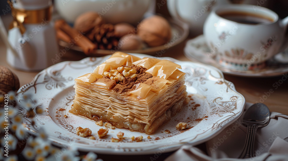 baklava, layers of phyllo dough, chopped nuts, and honey syrup, served ...