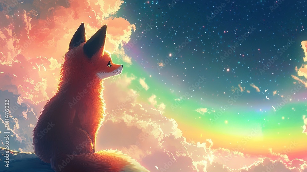 Beautiful Anime Fox Gazing at the Sky with Rainbow Stars: Enchanting ...