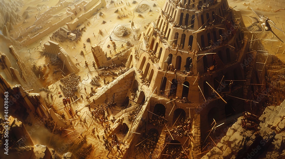 A compact depiction of the Tower of Babel, with people working together ...