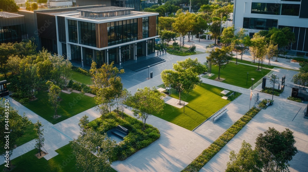 A modern commercial space with a central platform, surrounded by lush ...