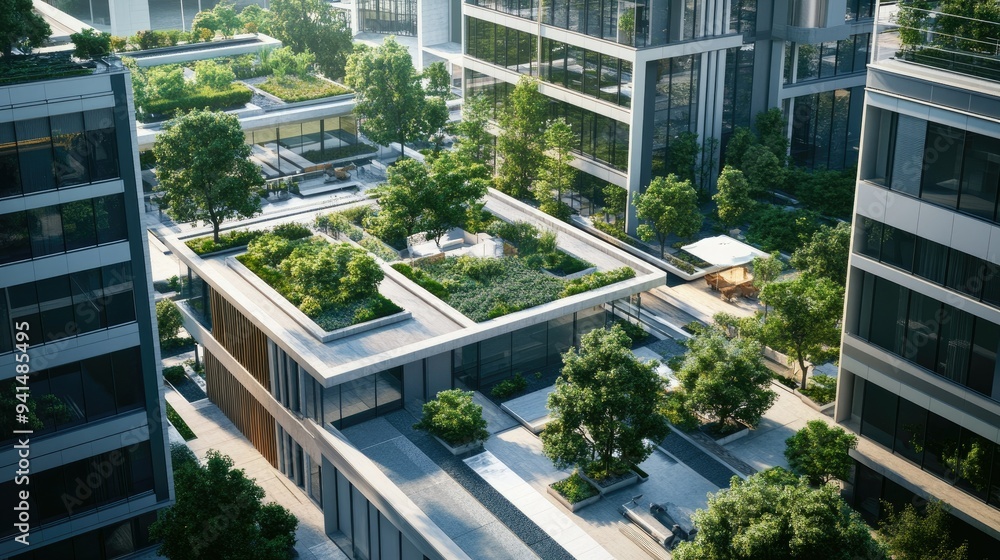 A modern office complex with a green rooftop platform and landscaped ...