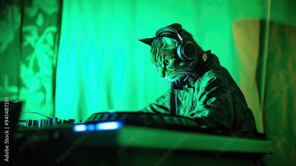 Neon-lit DJ Cat Mixing Tracks at Nightclub Party Stock Illustration ...