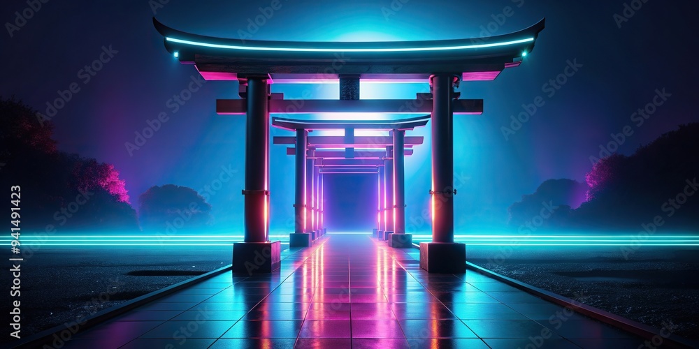 Ancient Japanese temple gate Torii glowing with neon lights in a long ...