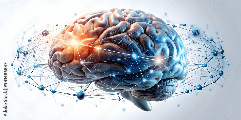 3D Floating digital brain with neural interfaces on an isolated white background concept as A ...