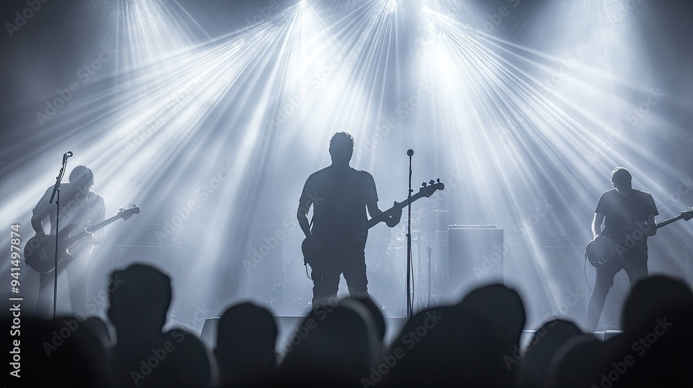 Backlit silhouette of a rock band performing, stage lights casting ...