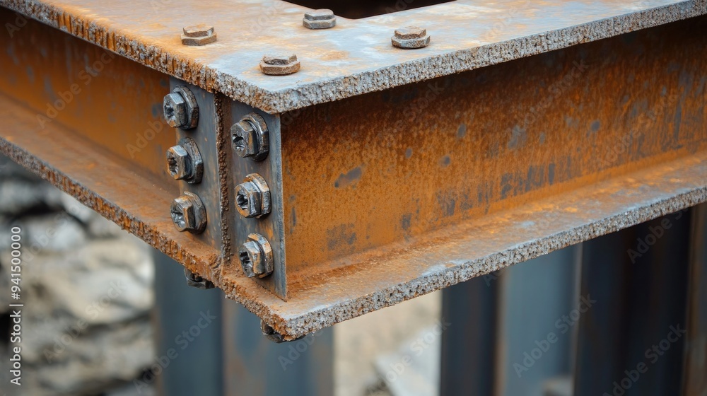 Close-up of a structural steel beam with rivets and welds, showcasing ...