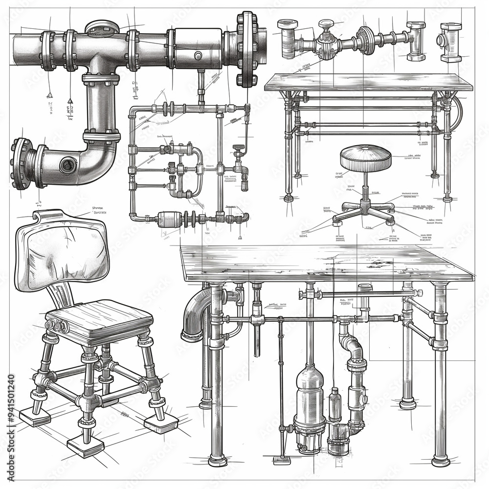 Detailed technical blueprint of industrial table and chair design with ...