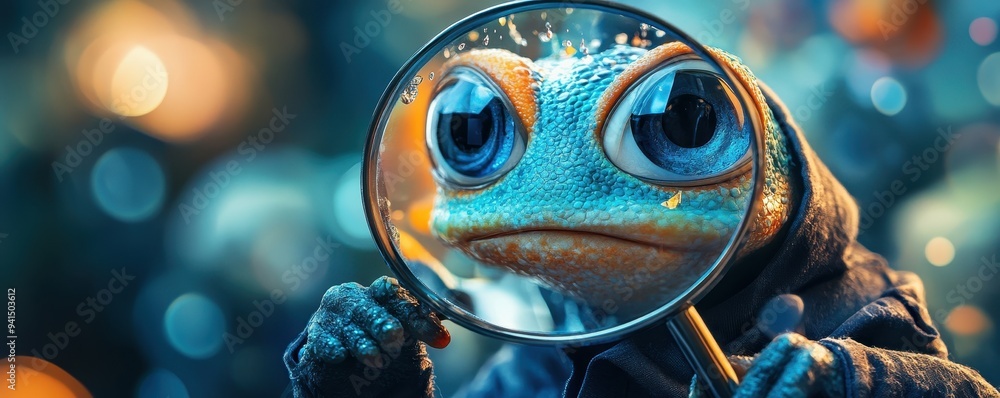 Whimsical image of a cartoon lizard holding a magnifying glass ...