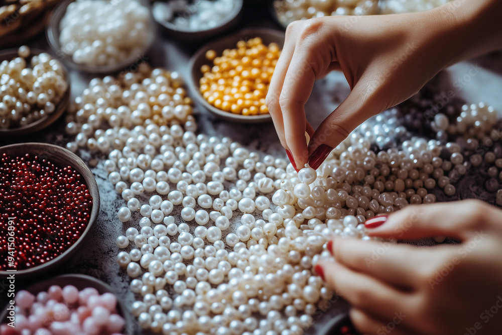 Female manicured hands sorting natural sea pearl beads crafting jewelry ...