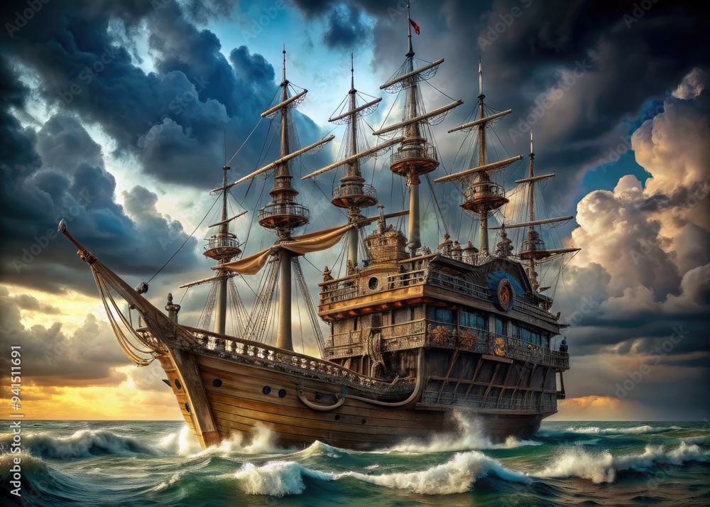 Ancient Galleon Prodigious Stern: Ornate carvings, weathered planks ...