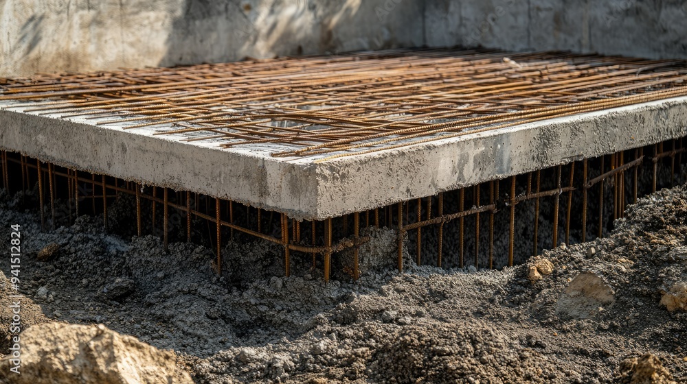 View of a concrete foundation with exposed rebar and rough textures ...