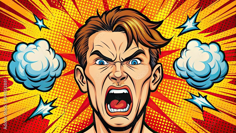 Angry speech bubbles in bold comic book style erupt from a faceless ...