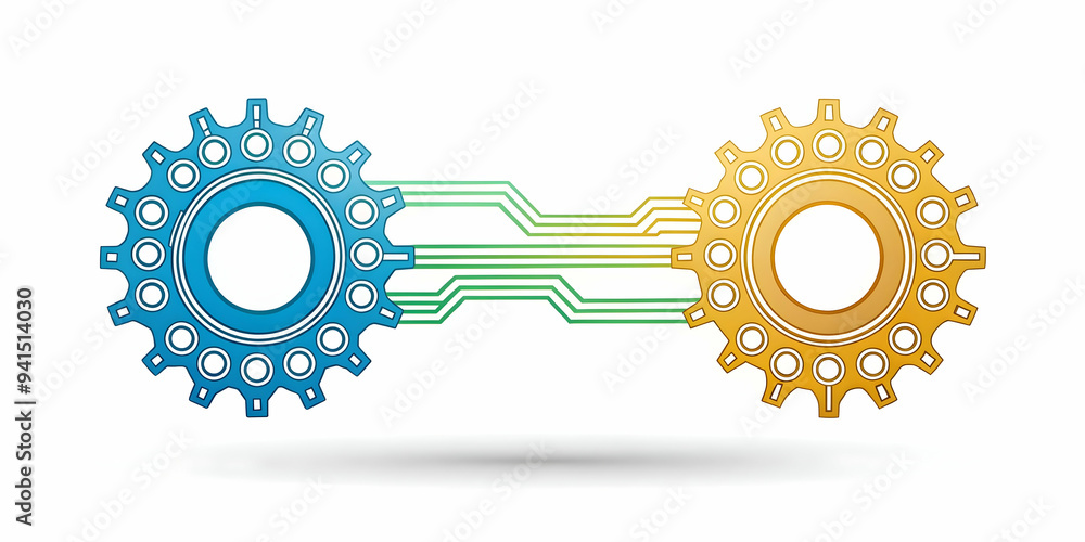 Flat Interconnected gears with digital circuits on an isolated white ...