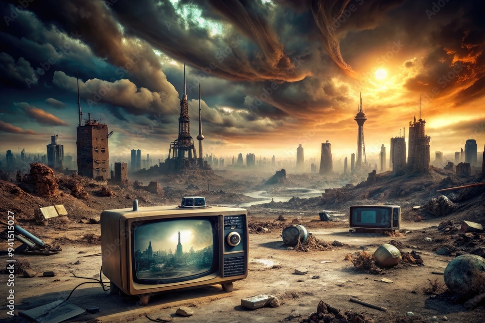 Apocalyptic Wasteland with TV Broadcast - Barren landscapes, flickering ...