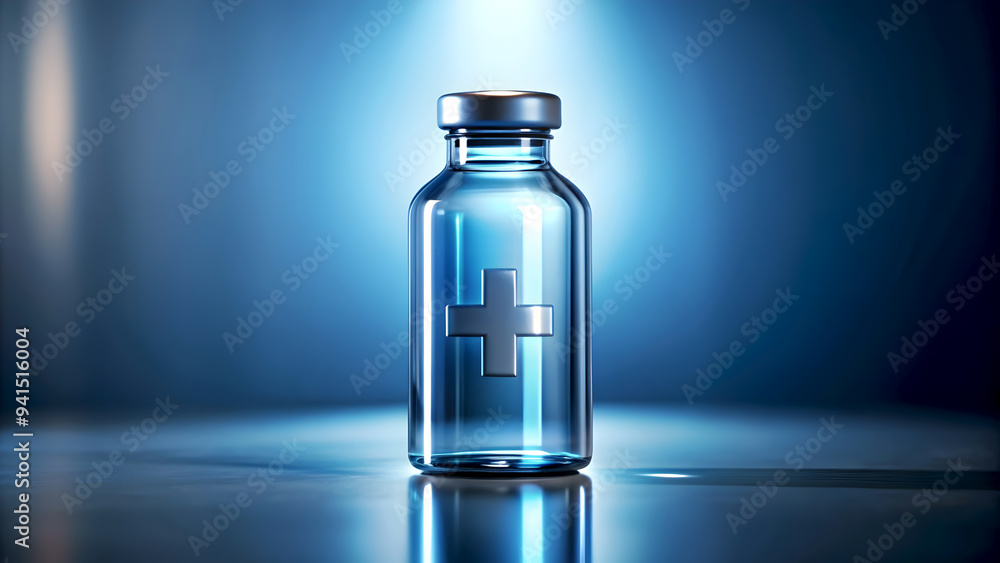 Empty medical vial with a cross symbol in the center, illuminated by a ...