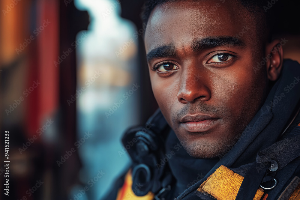 Portrait of a black male firefighter at a fire station. A confident ...