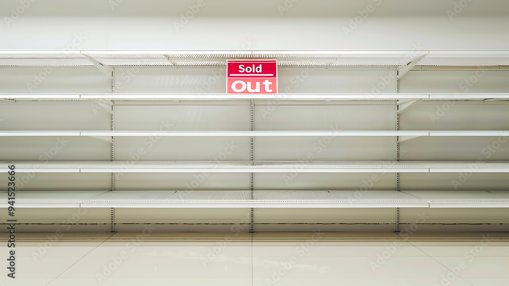 An empty supermarket shelf with a "Sold Out" sign, symbolizing supply ...