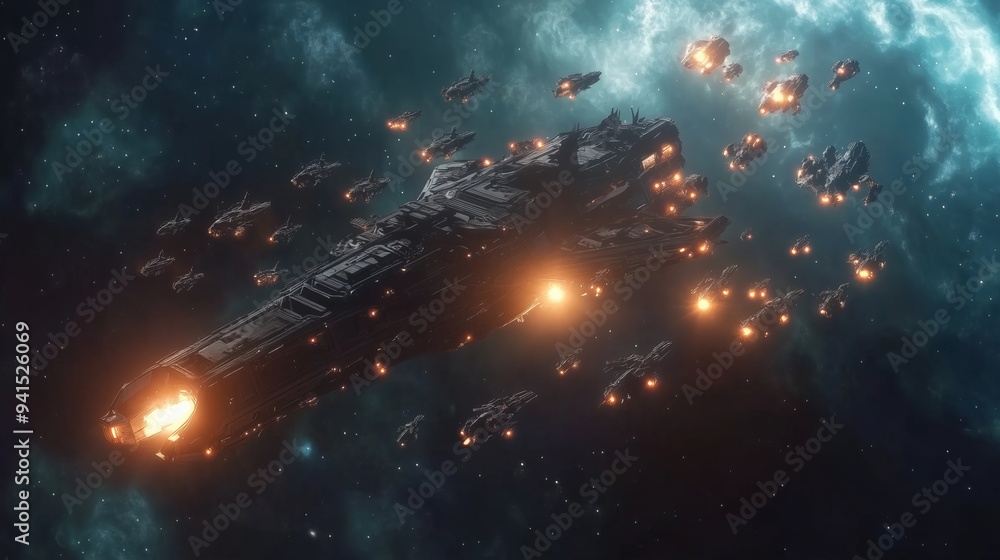Massive Sci-Fi Space Armada in Deep Space, Glowing Battlecruisers ...