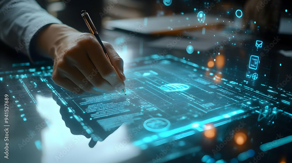 3D Icon as Hand signing contract with holographic cyber security icons ...