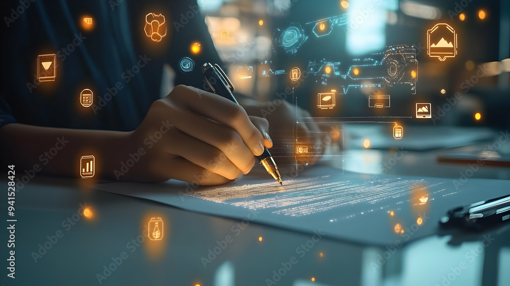 3D Icon as Hand signing contract with holographic cyber security icons ...