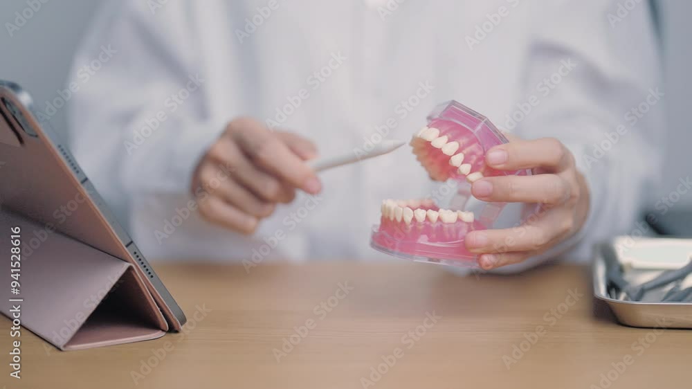 Dentist with tooth Anatomy model. Oral Teeth and disease, Scrape off ...