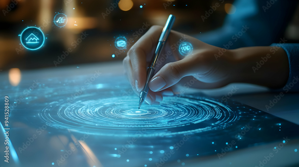 3D Icon as Hand signing contract with holographic cyber security icons ...