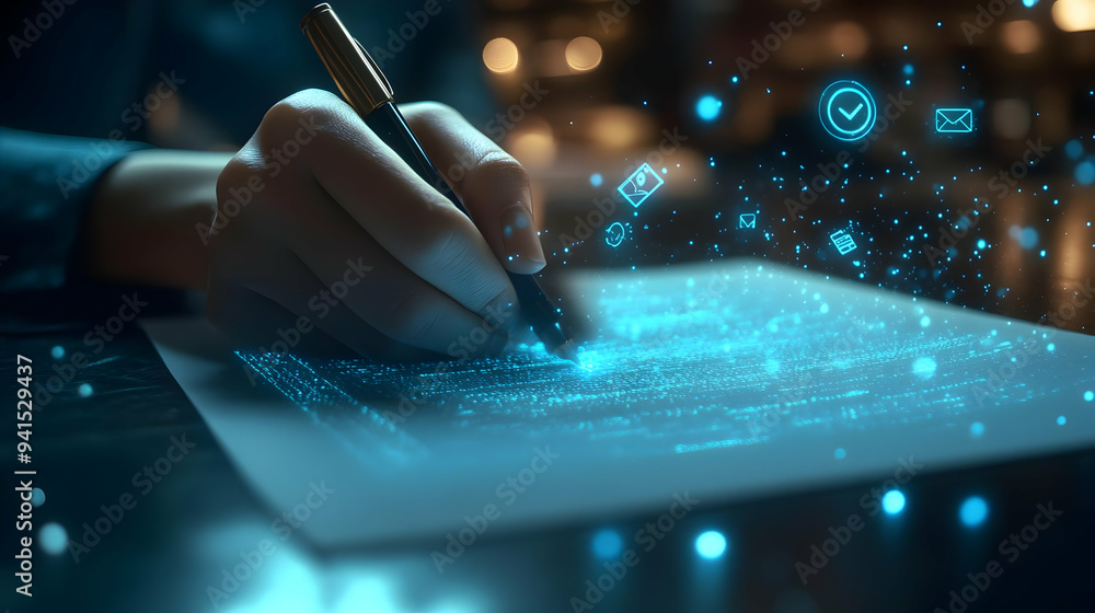 3D Icon as Hand signing contract with holographic cyber security icons ...