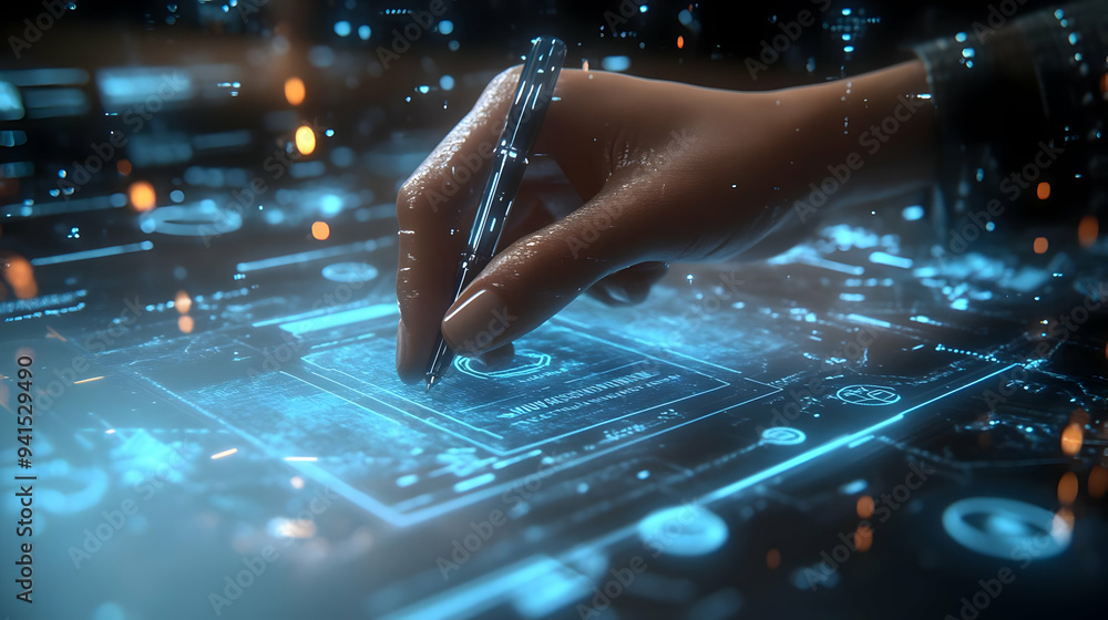 3D Icon as Hand signing contract with holographic cyber security icons ...