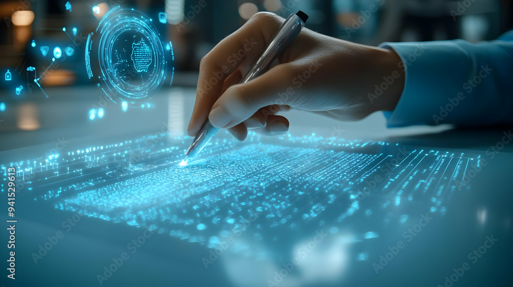 3D Icon as Hand signing contract with holographic cyber security icons ...