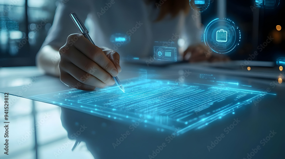 3D Icon as Hand signing contract with holographic cyber security icons ...