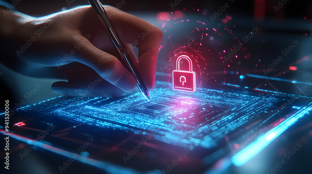 3D Icon as Hand signing contract with holographic cyber security icons ...