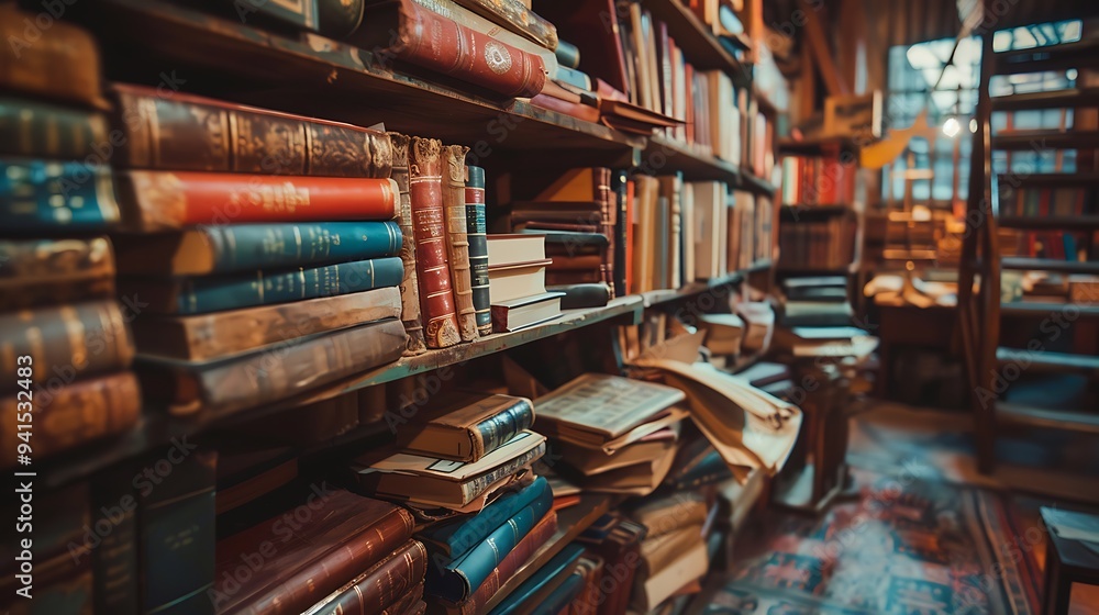 Vintage bookshop with wooden shelves filled with old books. 32k, full ...