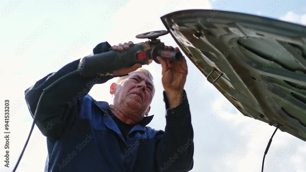 Car body shop. Repair man processes the welding seam using an angle ...