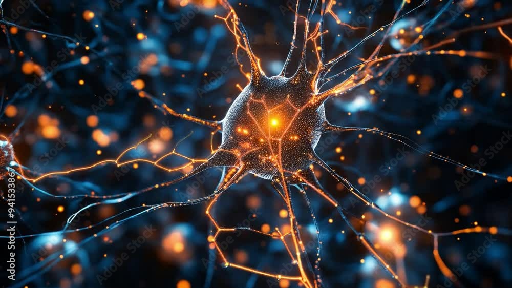 The intricate structure of a neuron shows glowing synaptic connections ...